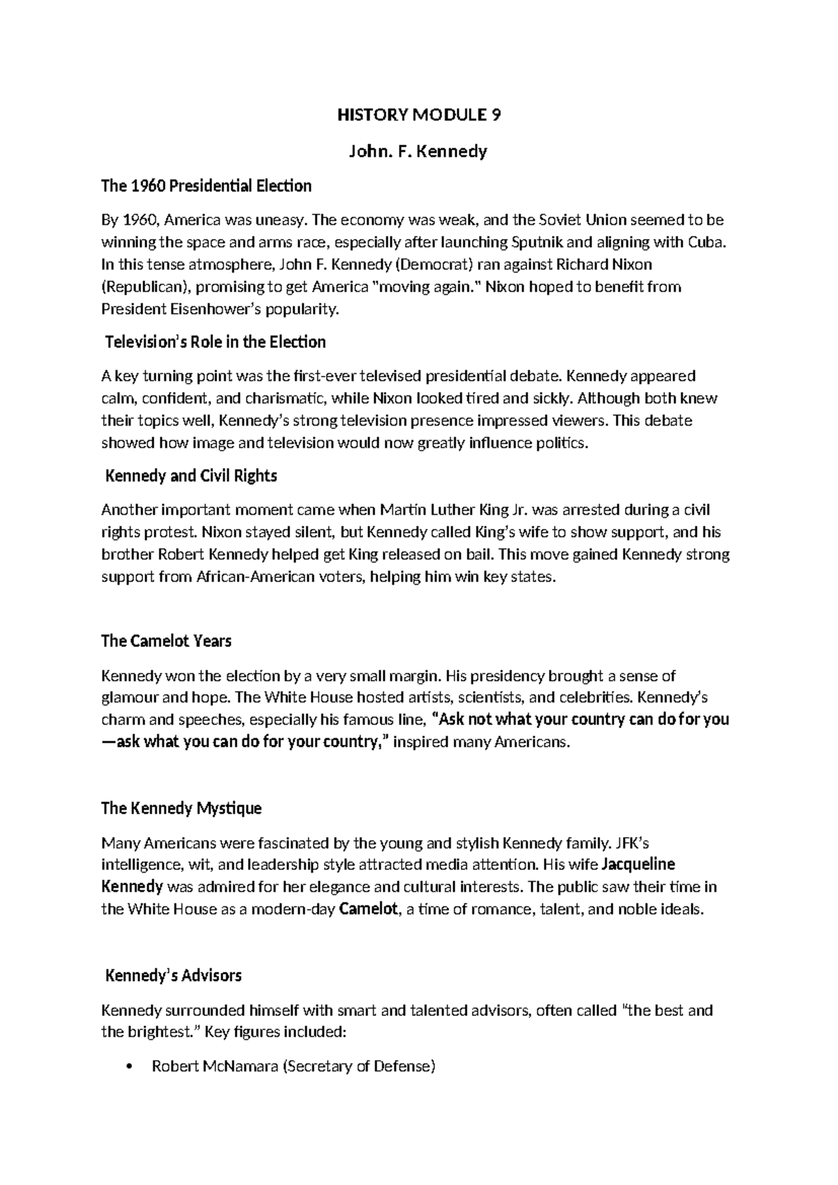HISTORY MODULE 9: John F. Kennedy and the 1960 Presidential Election ...