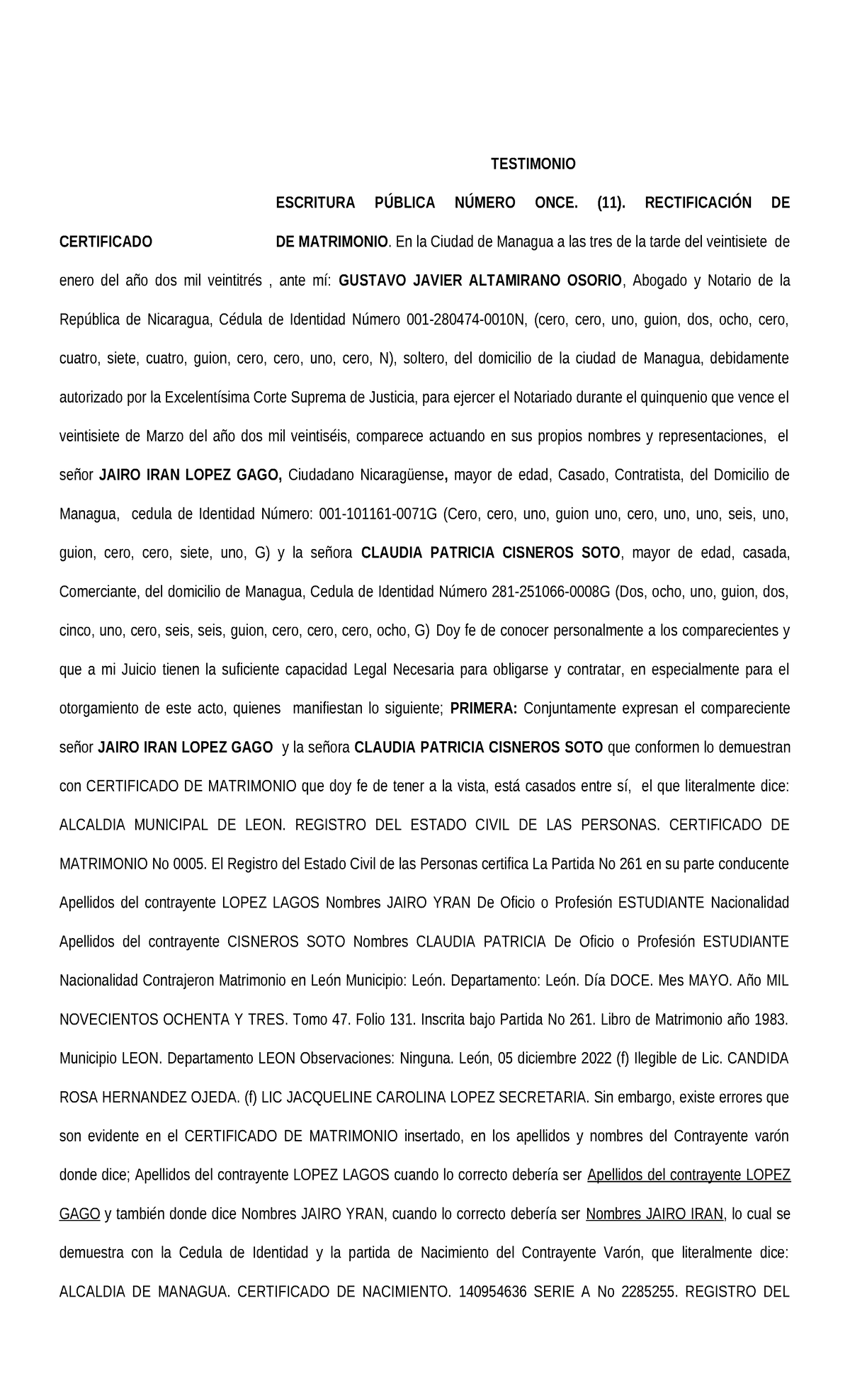 Rectificación de Matrimonio: Testimonio Notarial 11- Iraclau-RCM - Studocu