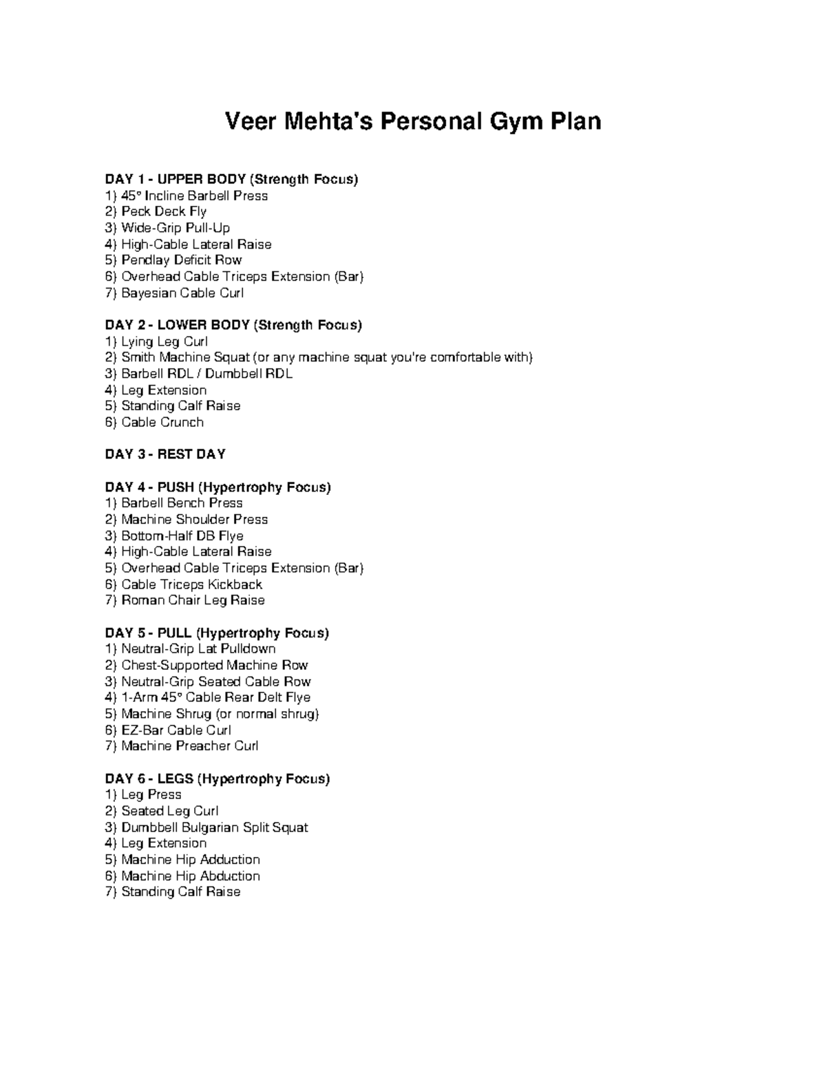 Veer Personal Gym Plan: 6-Day Strength & Hypertrophy Routine - Studocu