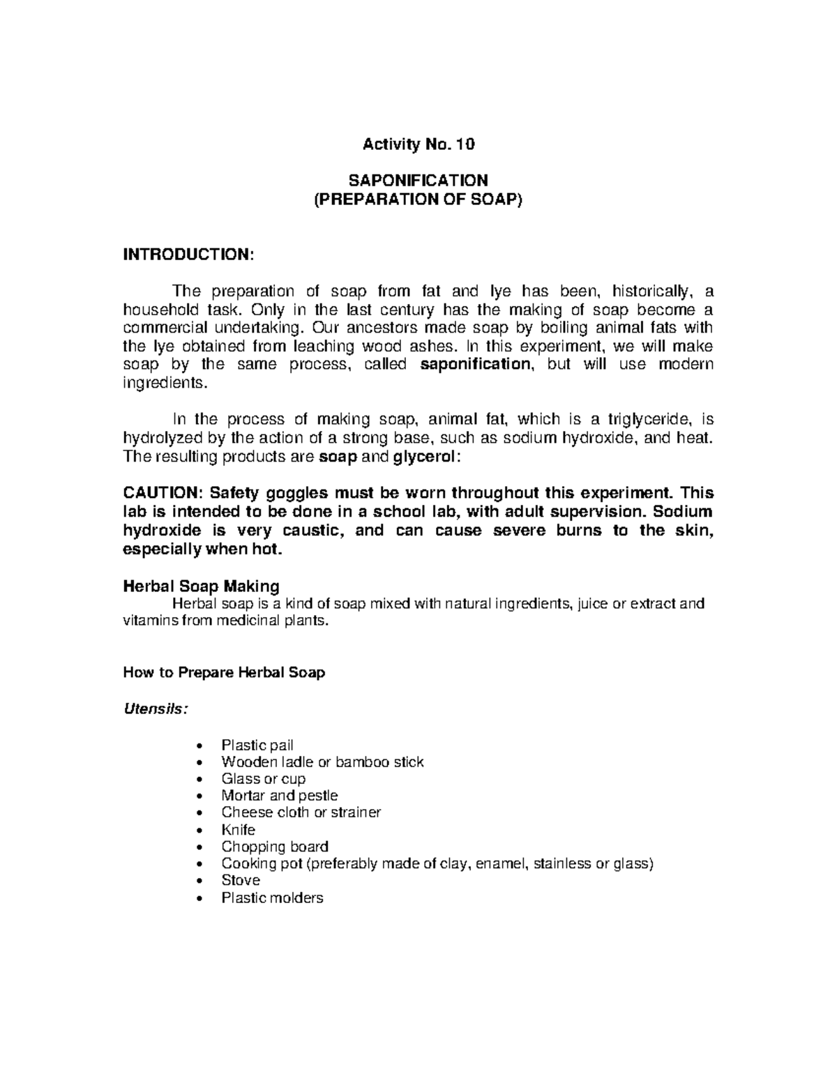 Activity 10 - Soap making - Activity No. 10 SAPONIFICATION (PREPARATION ...