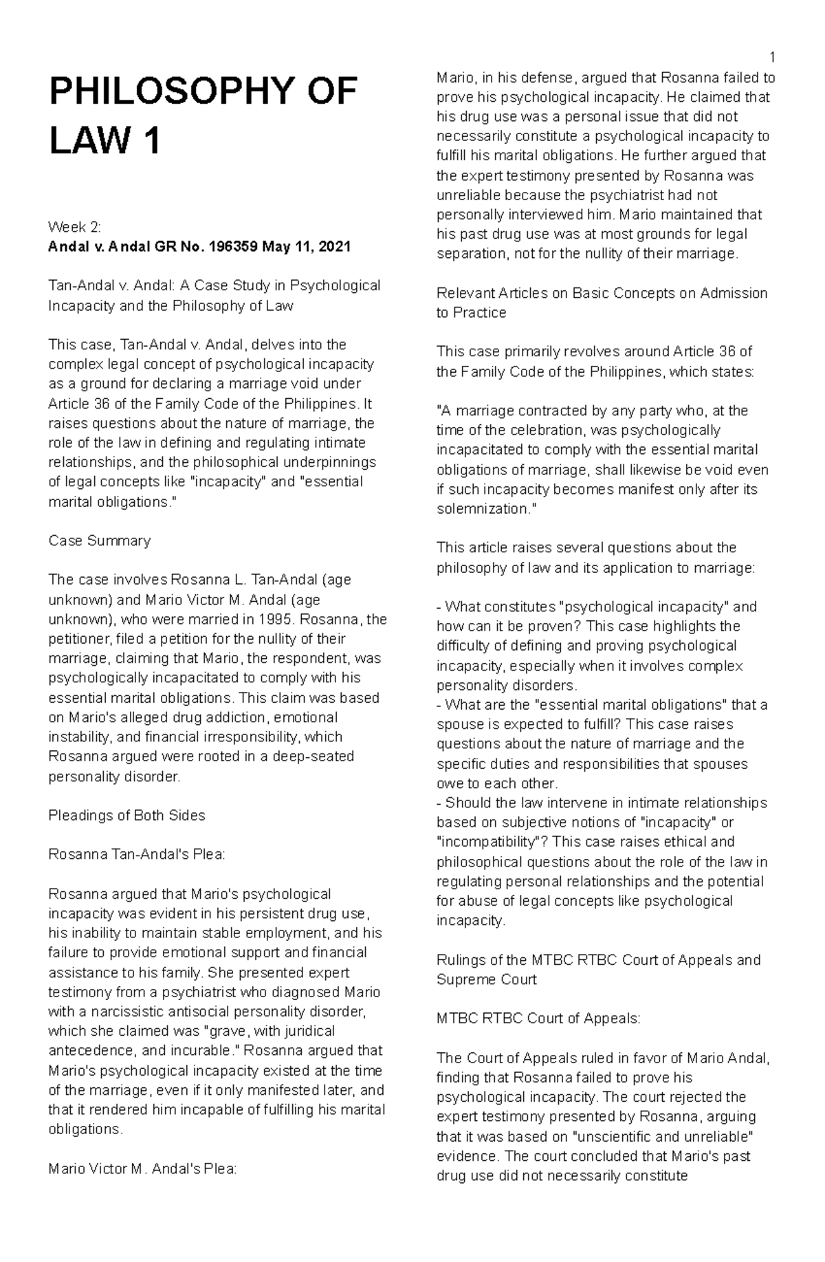 Week 2 Case Study: Tan-Andal v. Andal on Psychological Incapacity - Studocu