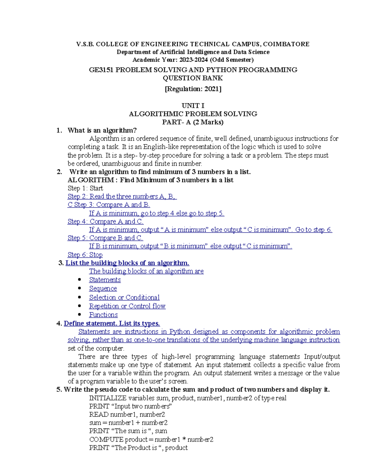 GE 3151 Problem Solving and Python Programming Question Bank - Studocu