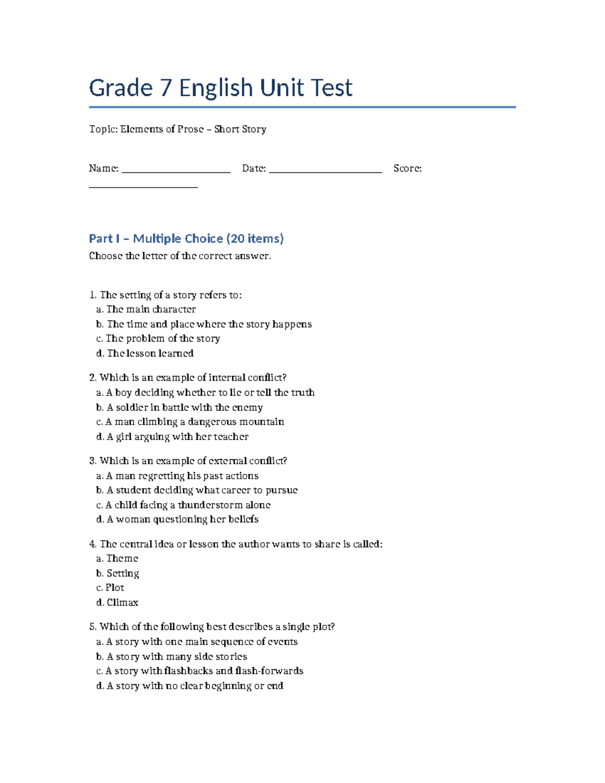 Grade 7 English Unit Test: Elements of Prose & Short Stories - Studocu