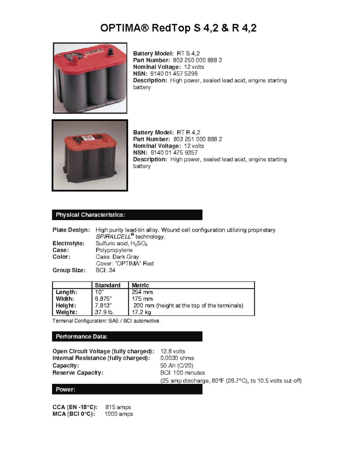 Optima Red Top RT S 4 2 RT R 4 2 - Battery Model: RT S 4, Part Number ...