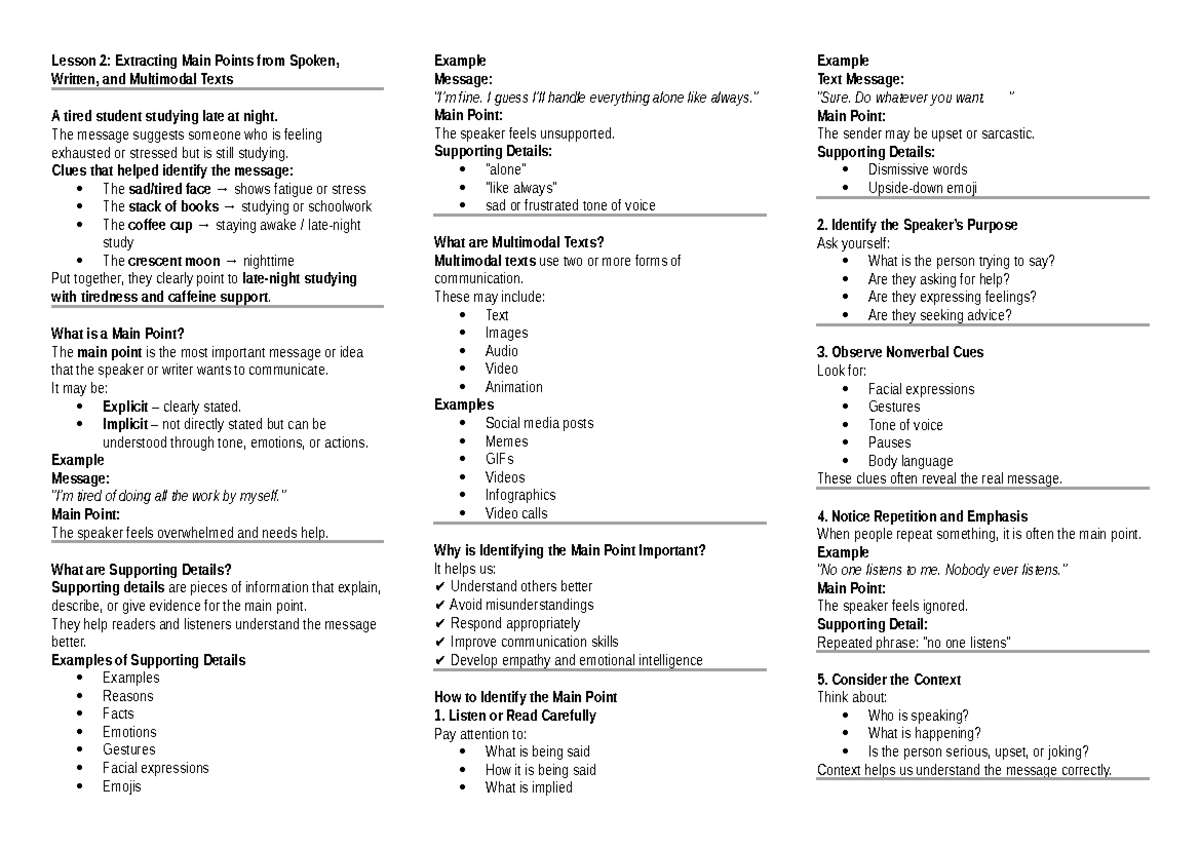 Lesson 2: Identifying Main Points in Texts and Communication - Studocu