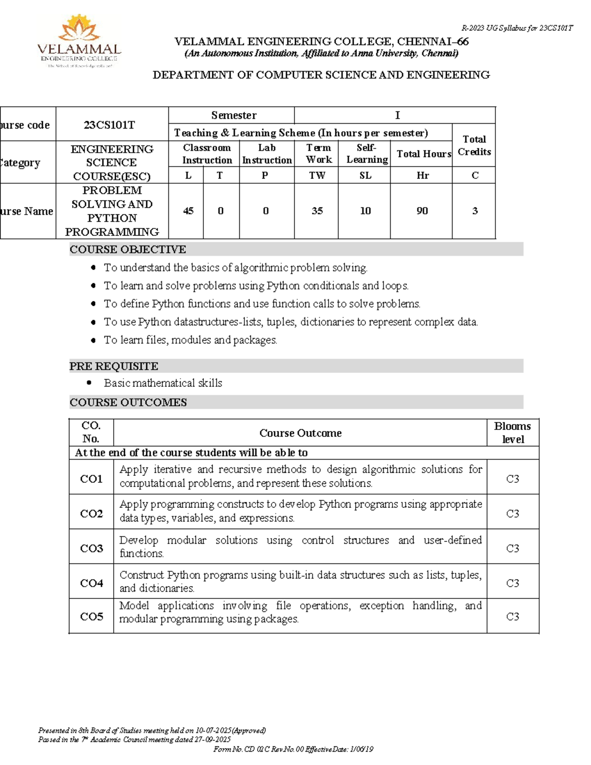 Problem Solving and Python Programming Syllabus - 23CS101T - Studocu