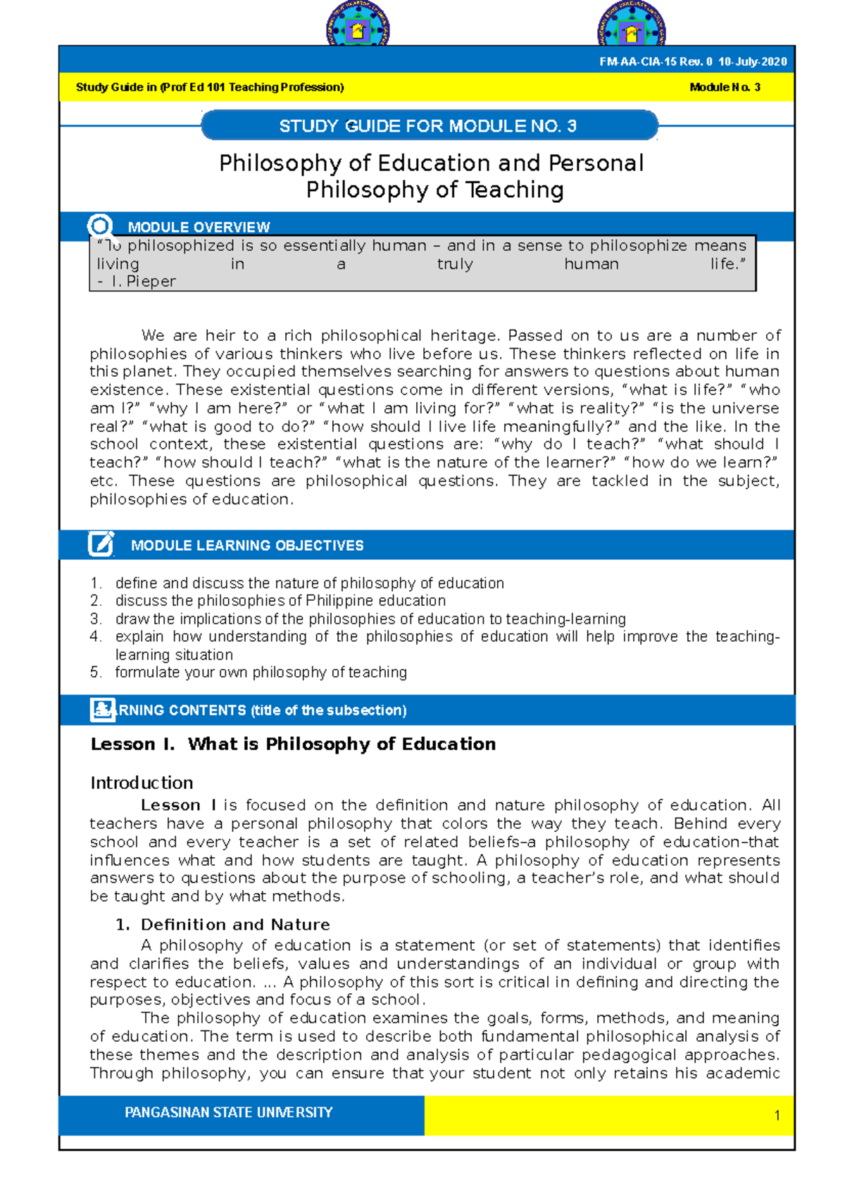 Module 3: Philosophy of Education & Teaching (Prof Ed 101) Overview ...