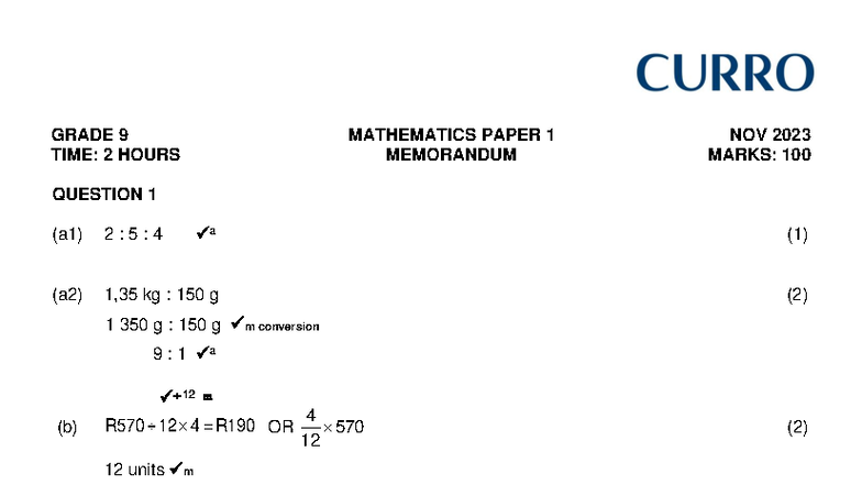Grade 9 IEB Mathematics Paper 1 Memorandum Nov 2023 - Studocu