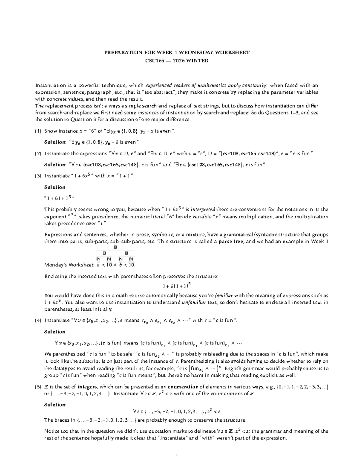 Preparation for Week 1 Worksheet Solutions CSC165 2026 Winter - Studocu