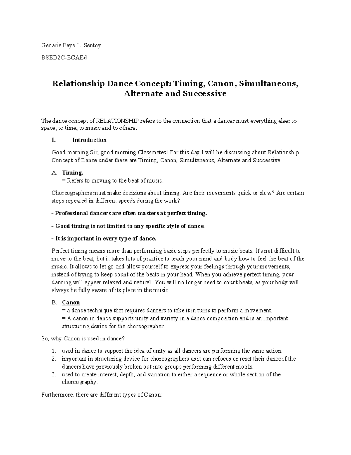 Written Report on Relationship Dance Concepts: Timing, Canon ...