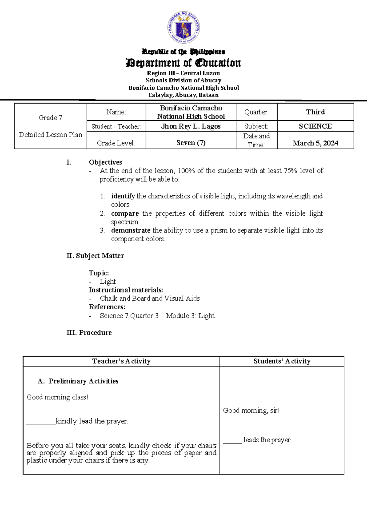 DLP-SCI-7 Lesson Plan on Visible Light: Objectives & Activities - Studocu