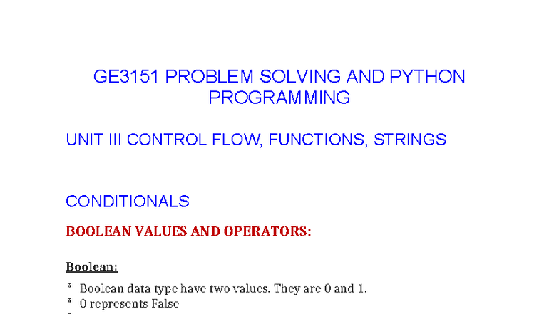 GE3151 UNIT III - Control Flow, Functions, and Strings Notes - Studocu