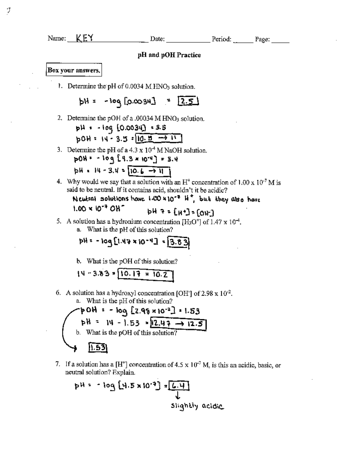 pH and pOH Practice Answers for Chemistry Course - Studocu