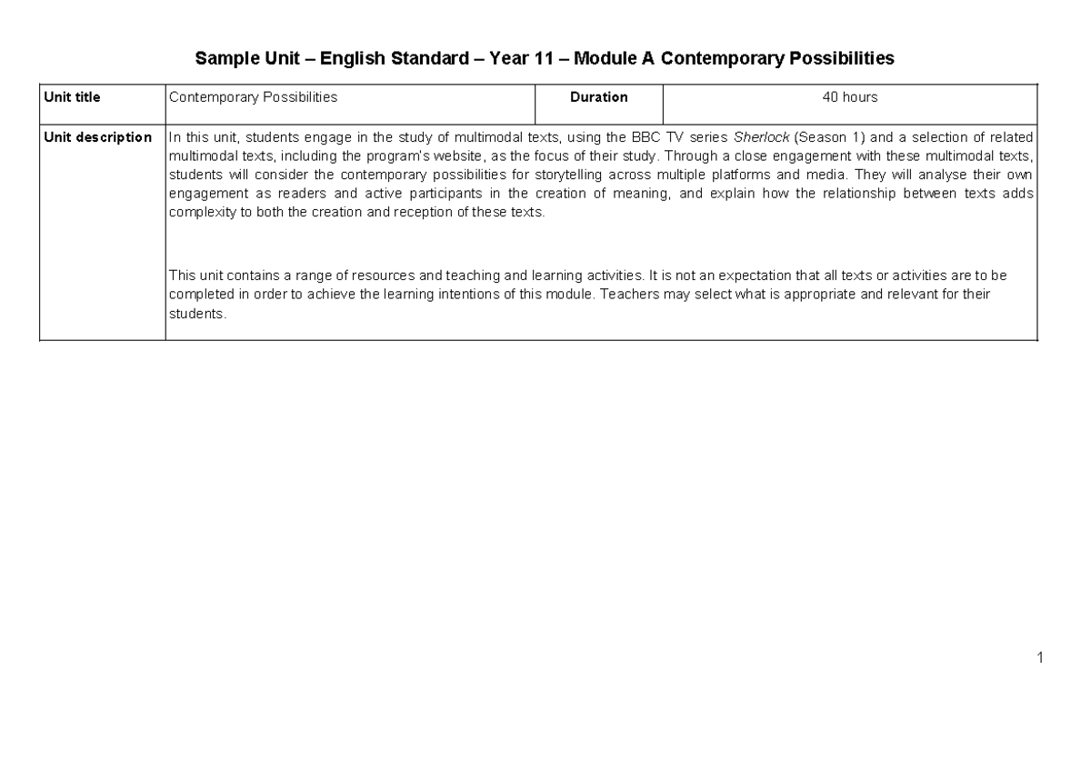 EN11-Stage 6 English Standard: Contemporary Possibilities in Sherlock ...