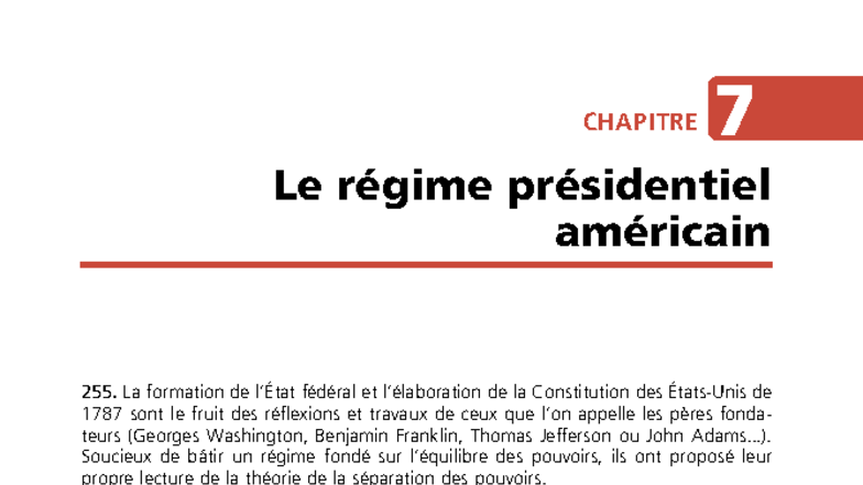 CHAPITRE 7 : Le Régime Présidentiel Américain - Cours EU 2023 - Studocu