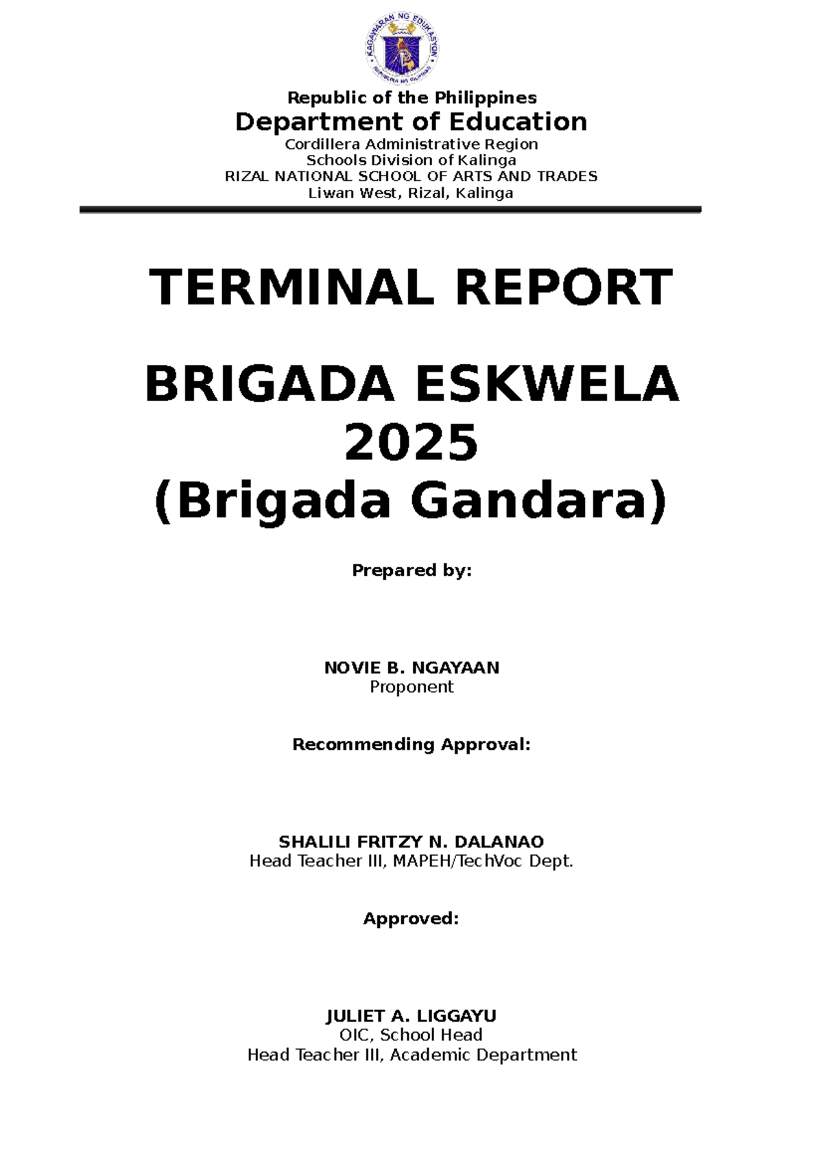 Terminal Report: Brigada Eskwela 2025 (Brigada Gandara) - Studocu