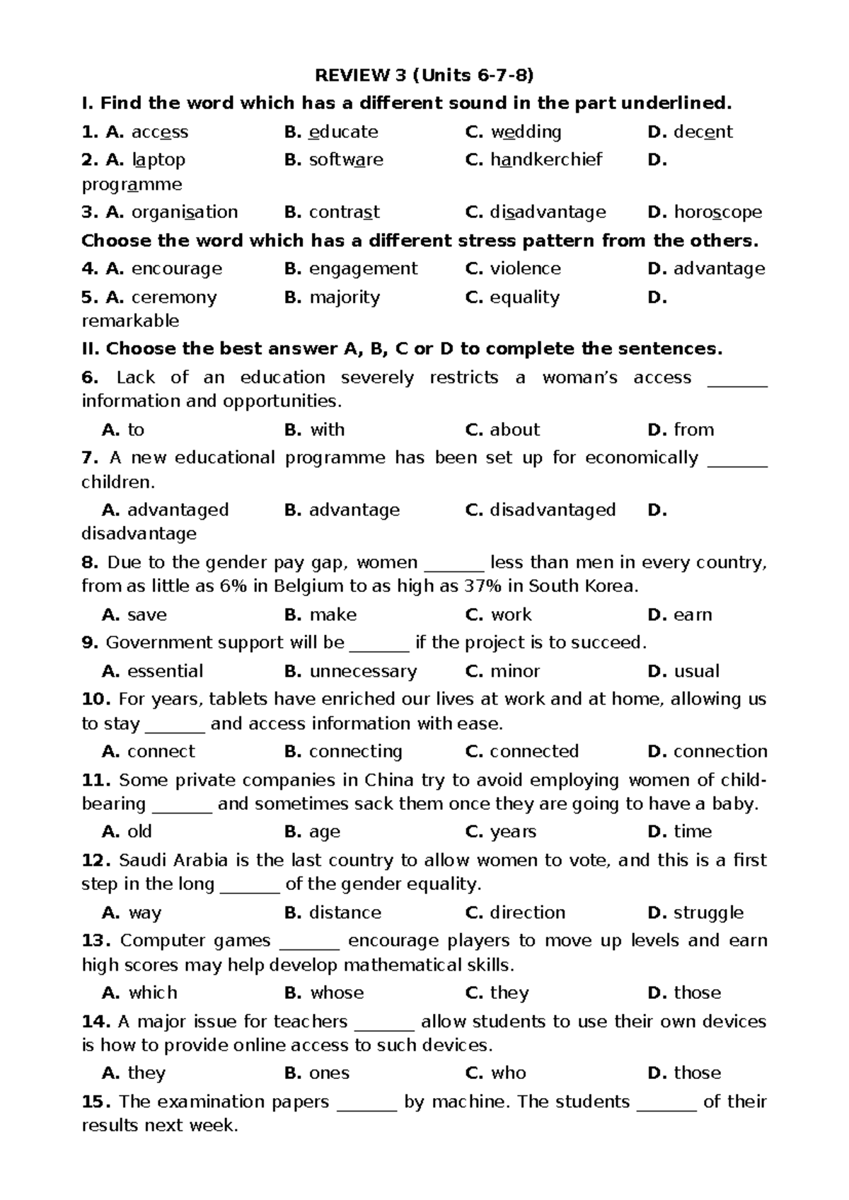 REVIEW 3 (Units 6-7-8): Vocabulary & Grammar Exercises - Studocu