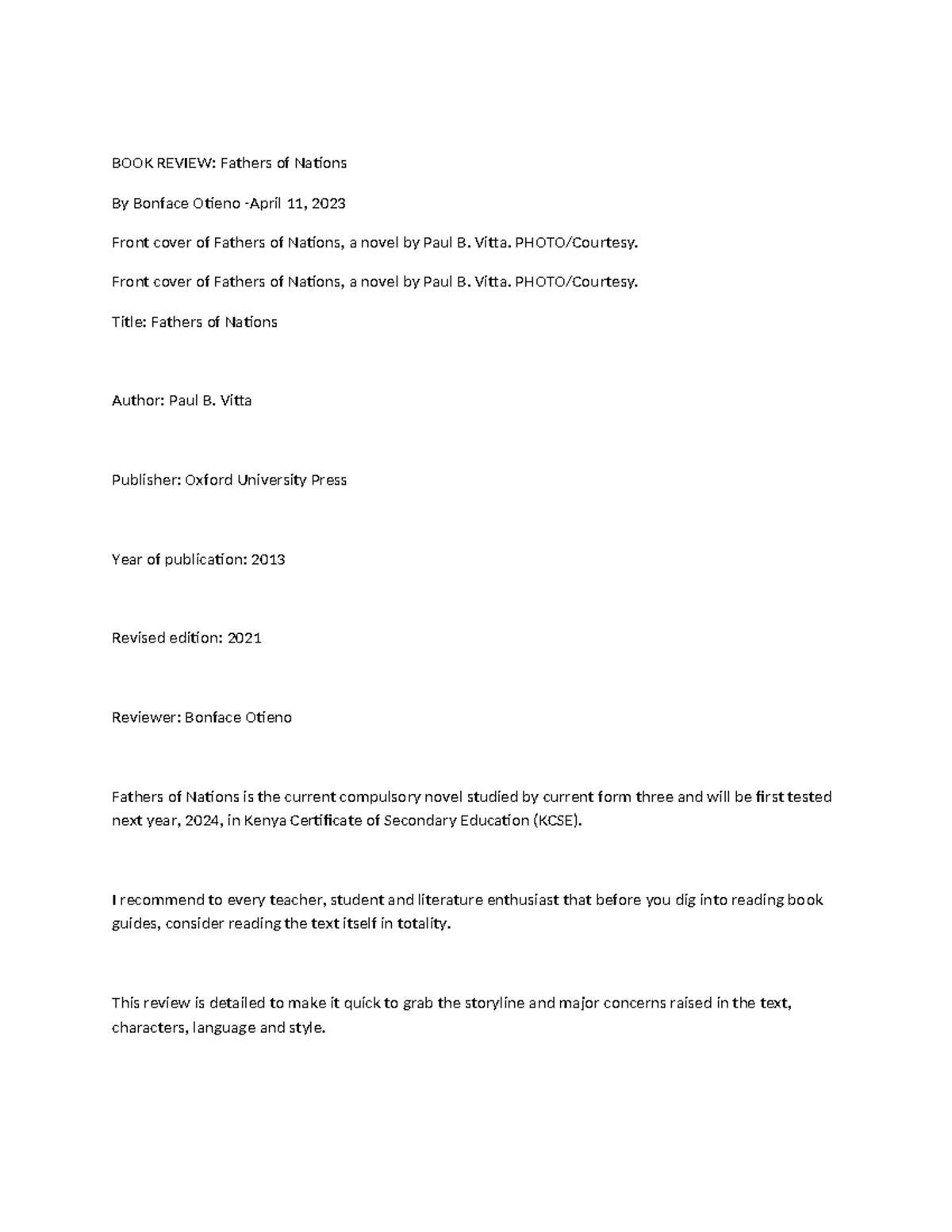 BOOK REVIEW: Fathers of Nations by Paul B. Vitta - KCSE Prep - Studocu