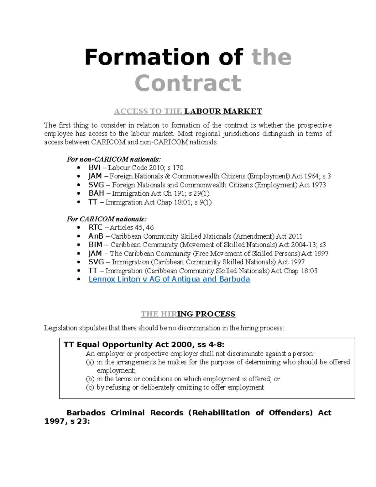 Formation of the Contract: Labour Market Access and Hiring Process ...