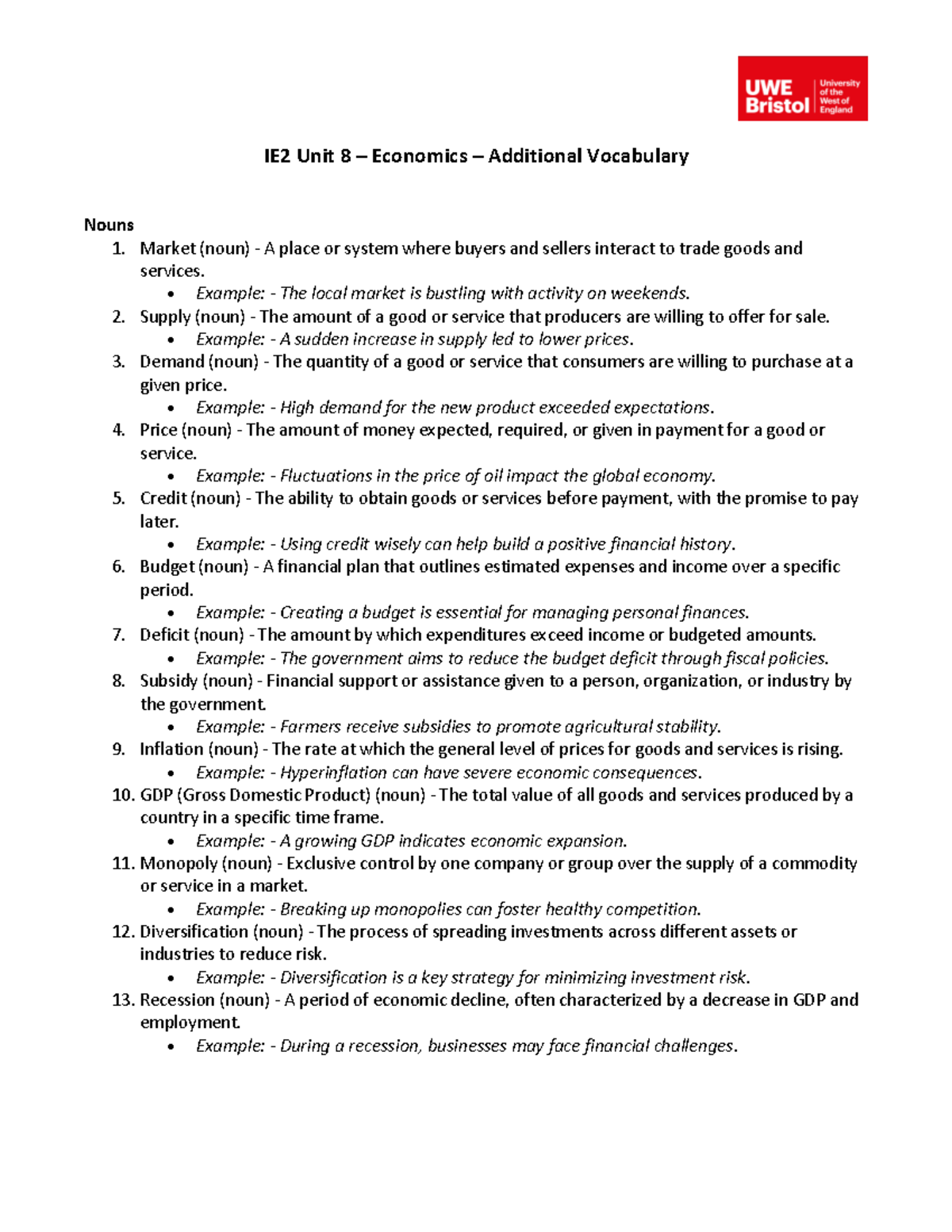 IE2 Unit 8 Economics Vocabulary: Key Nouns and Verbs Explained - Studocu