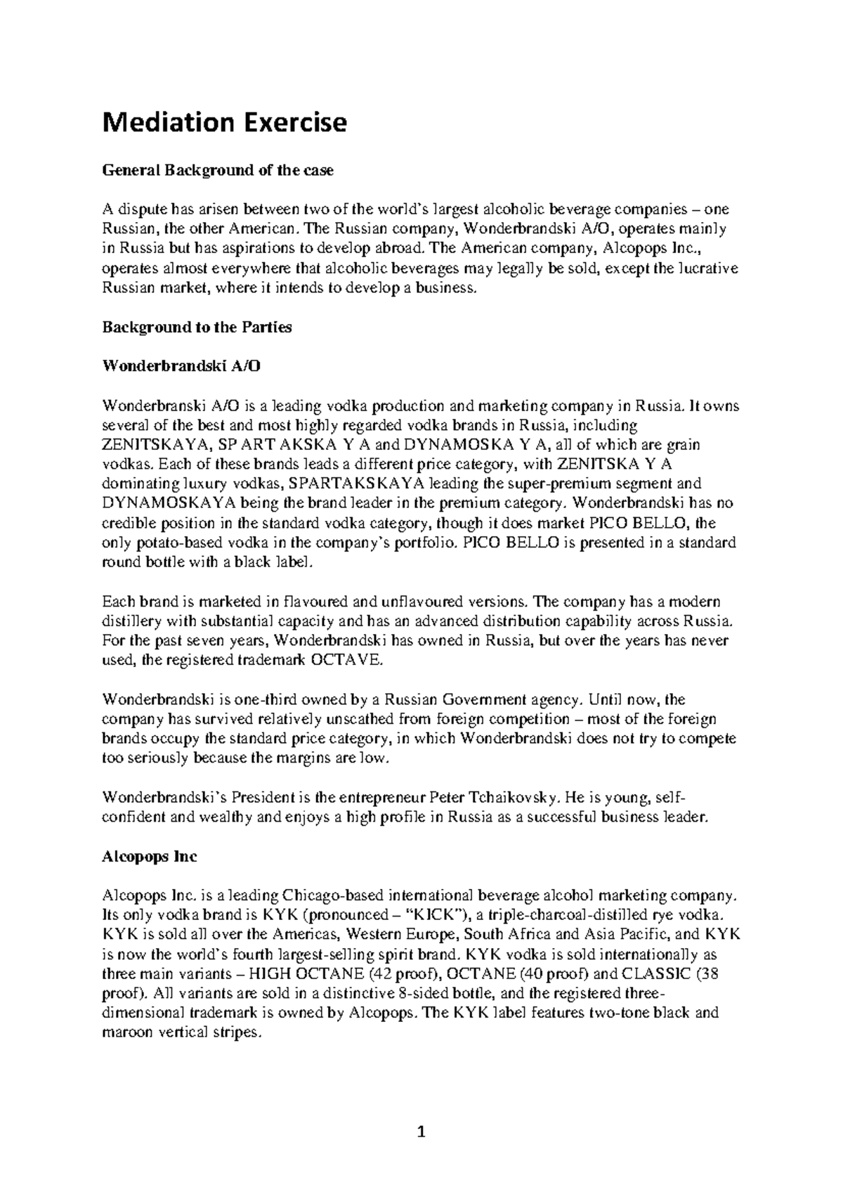 06-05-2022 Mediation Exercise: Case Study of Wonderbrandski vs Alcopops ...
