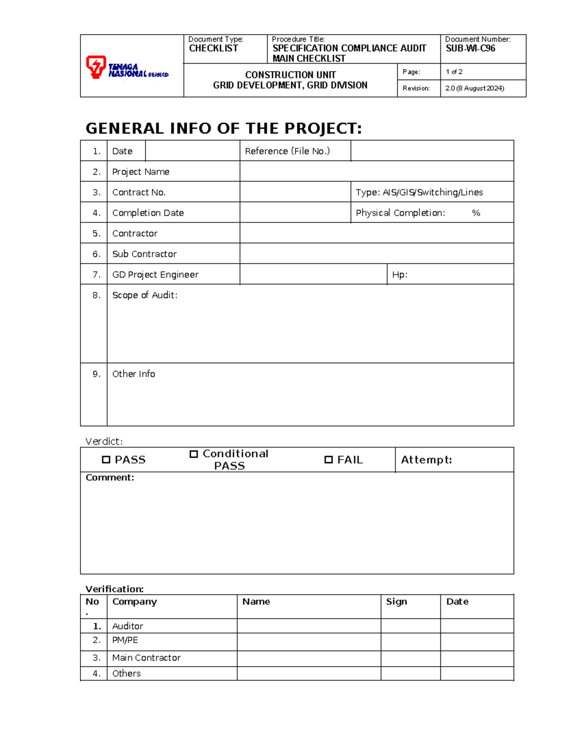 SUB-WI-C96: Compliance Audit Main Checklist for Construction Unit - Studocu
