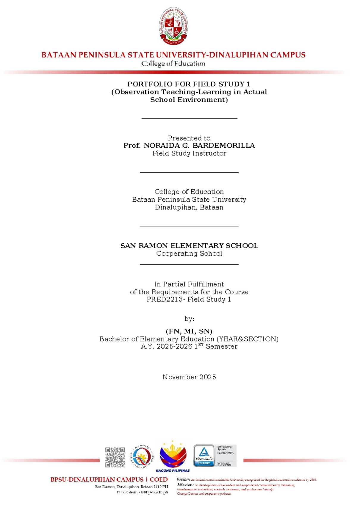 Portfolio-1 - Portfolio - PORTFOLIO FOR FIELD STUDY 1 (Observation ...