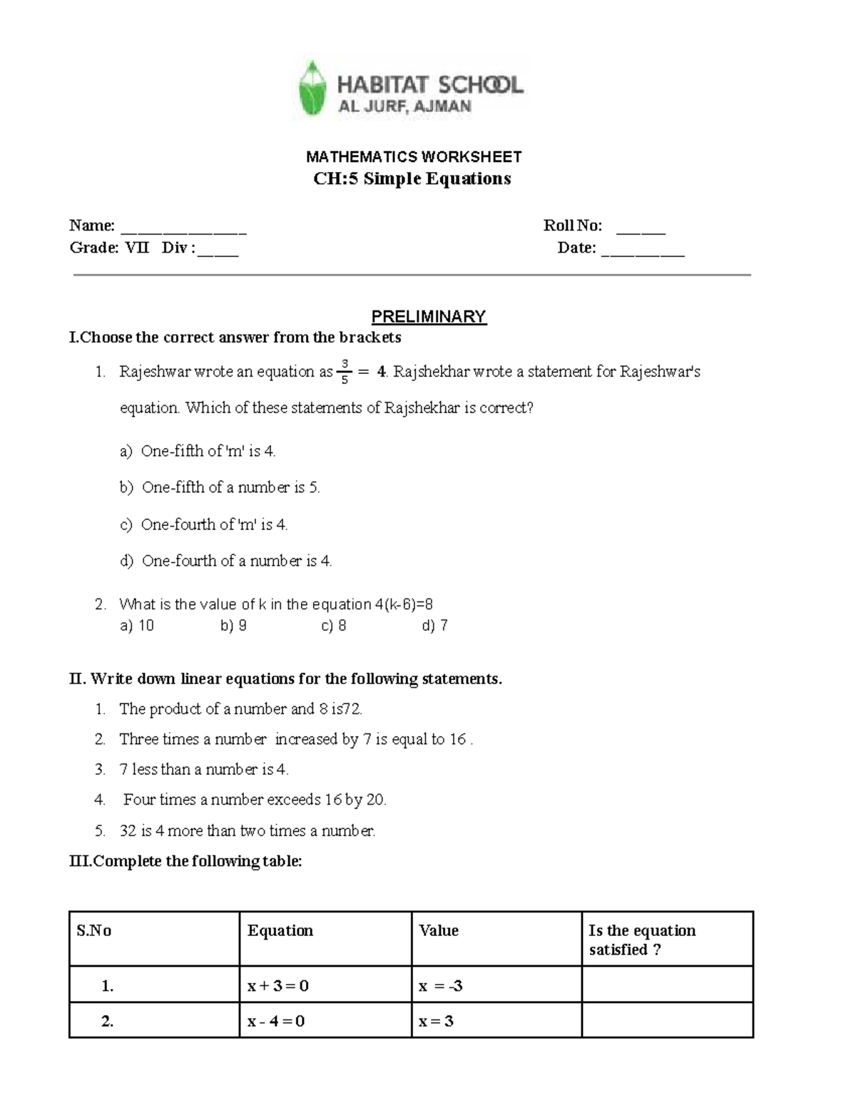 MATHEMATICS WORKSHEET CH:5 Simple Equations - Grade VII - Studocu