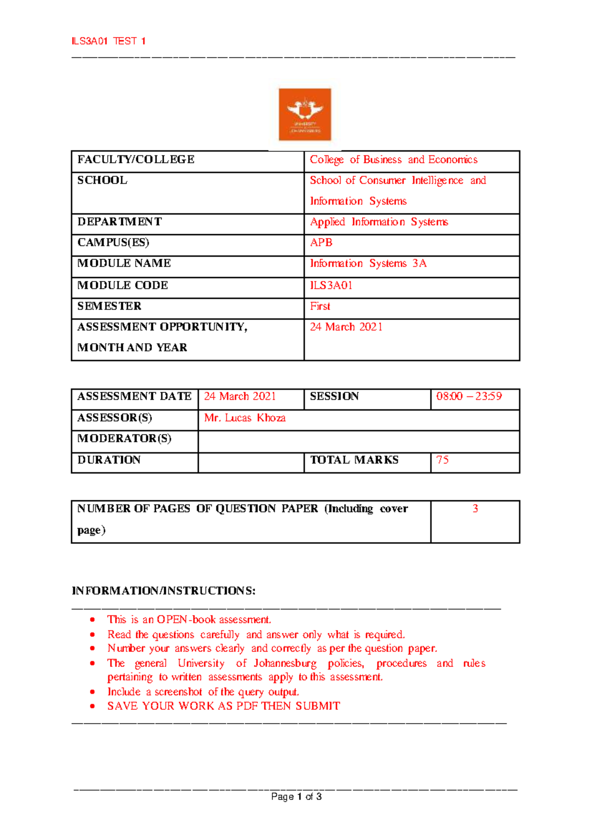 ILS3A01- Information Systems 3A- TEST 1 - ILS3A01 TEST 1 Page 1 of 3 ...