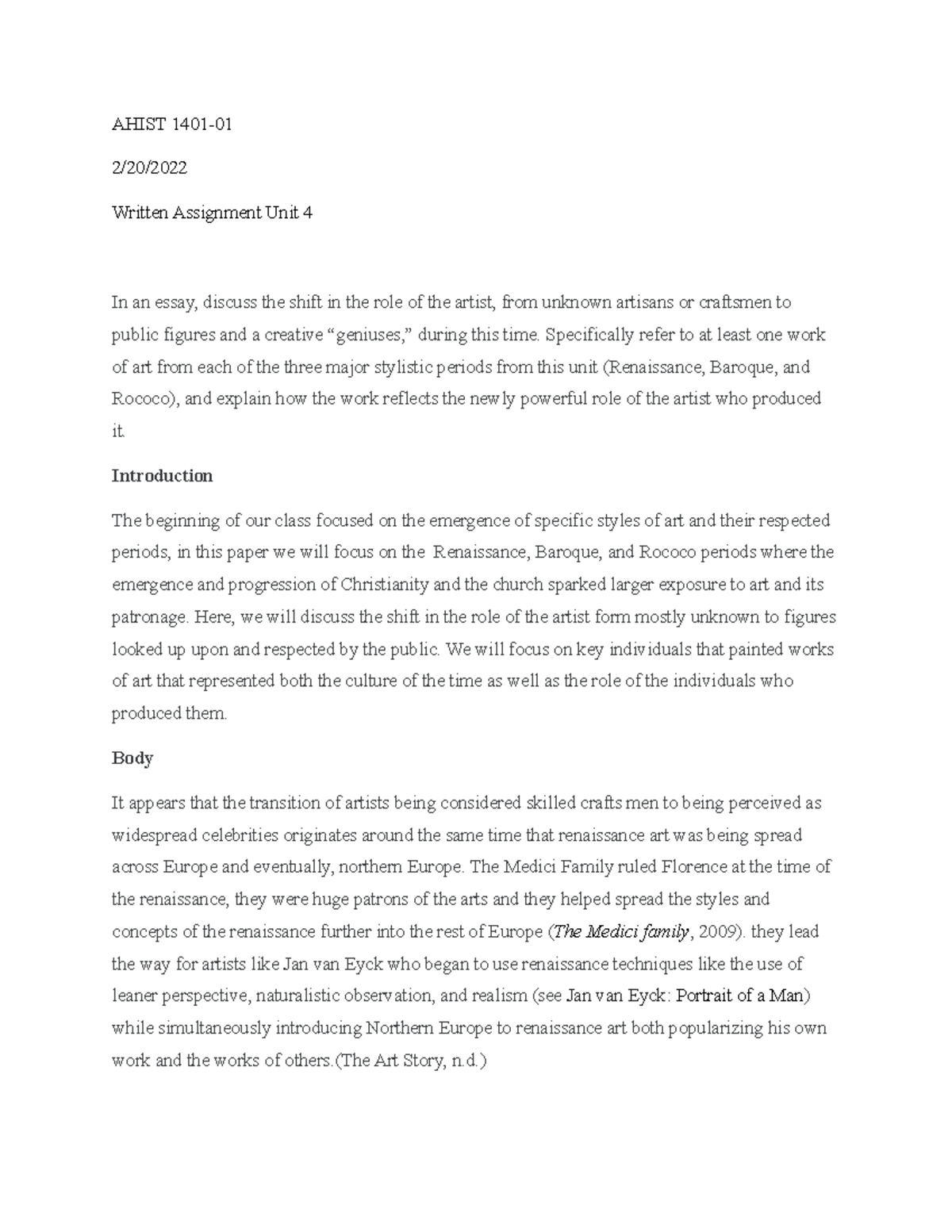 AHIST 1401-01 Written Assignment: Artist Roles in Renaissance to Rococo ...