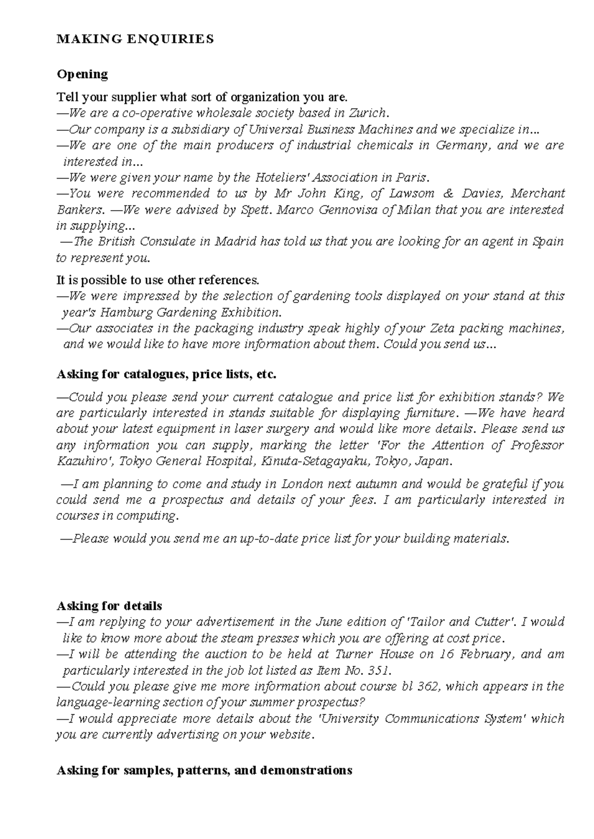 Making Enquiries: Sample Sentences for Business Communication - Studocu