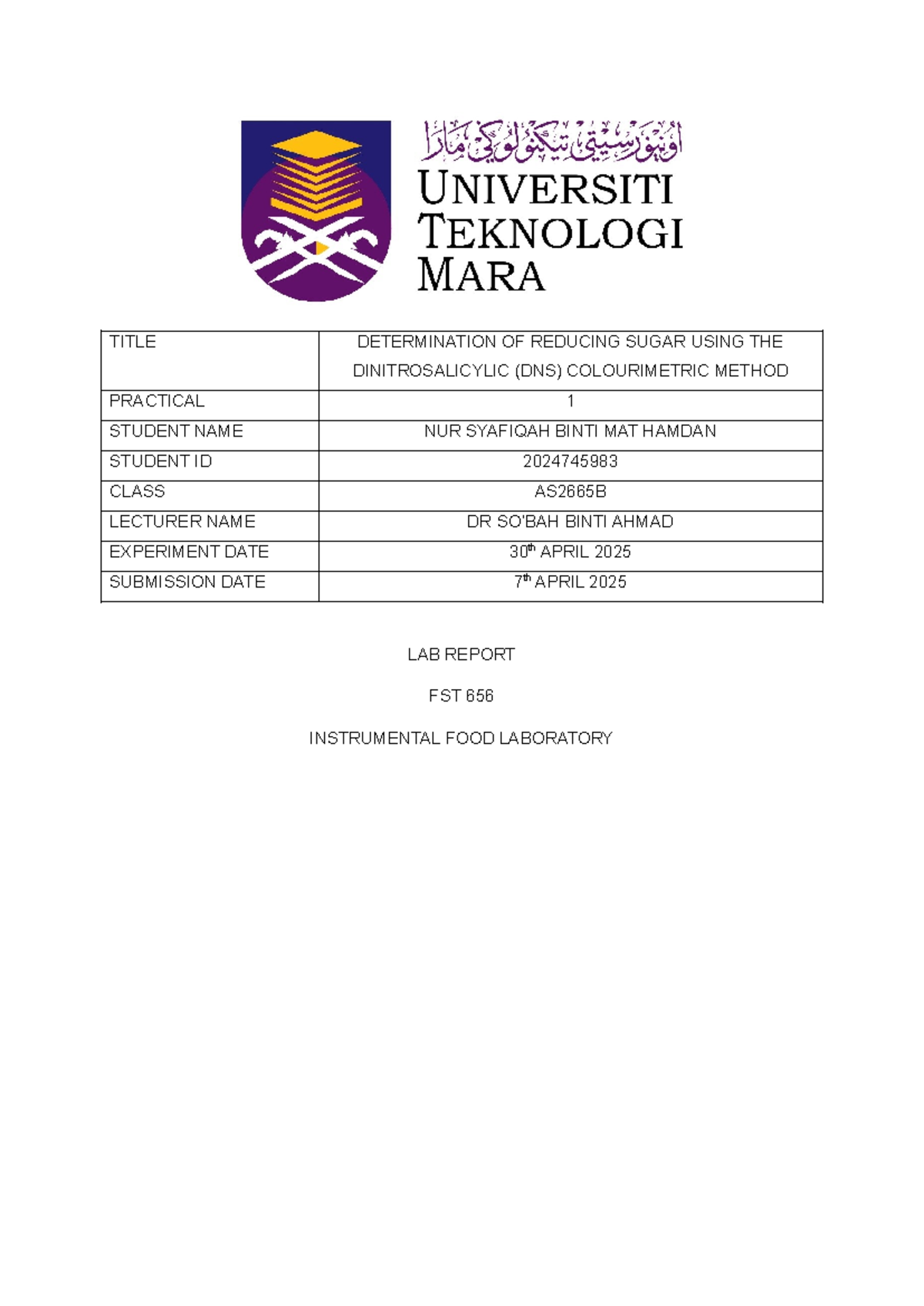 Lab Report FST 656: Reducing Sugar Analysis via DNS Method - Studocu