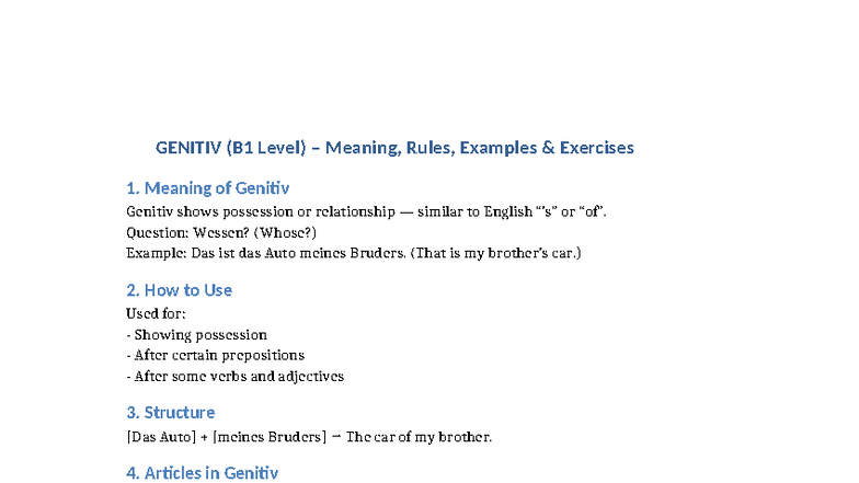Genitiv (B1) - Meaning, Rules, Examples & Exercises - Studocu
