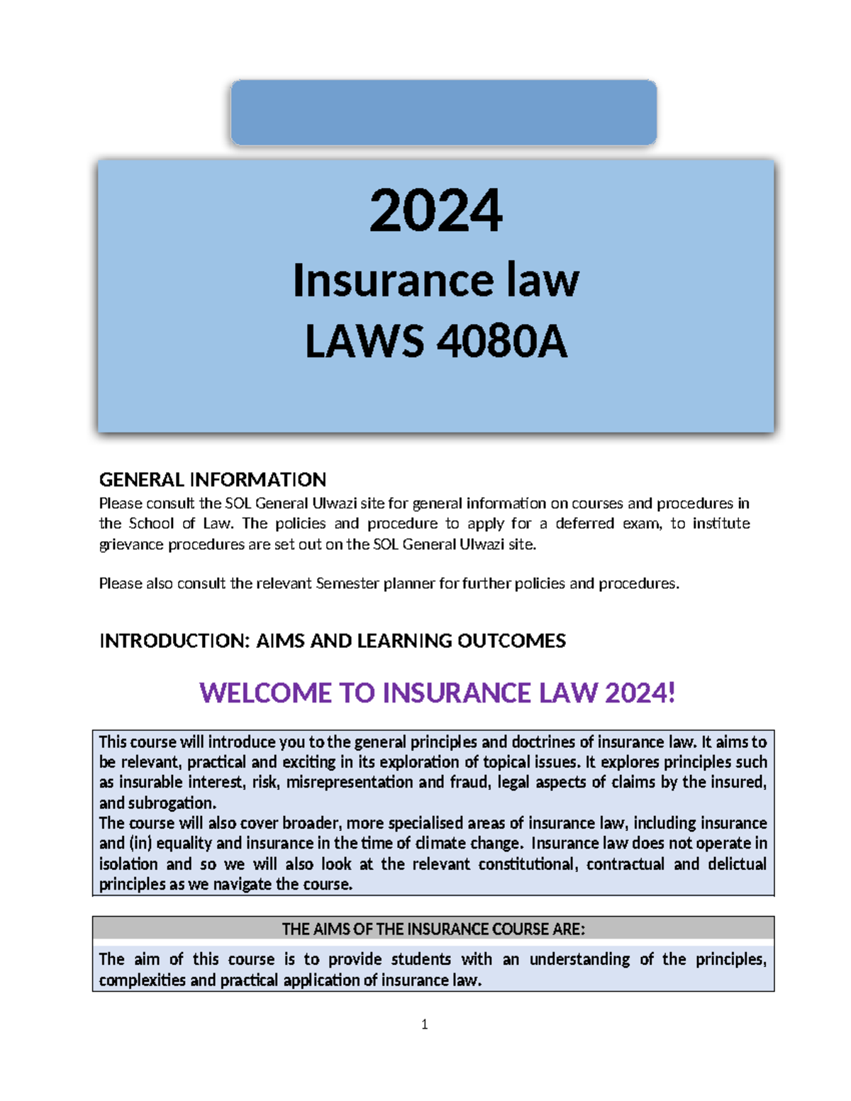 Insurance Law Course Outline 2024: Final Overview for LAWS 4080A - Studocu