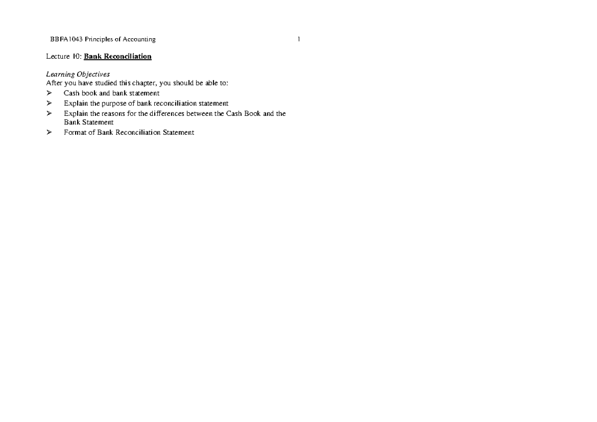BBFA1043 Principles of Accounting Lecture 10: Bank Reconciliation ...