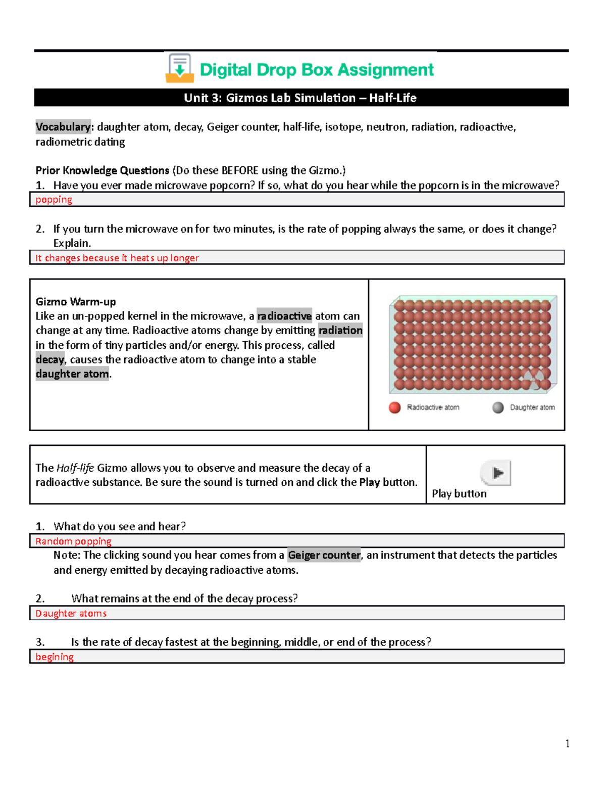 U4 Half-Life Completed - Unit 3: Gizmos Lab Simulation – Half-Life ...