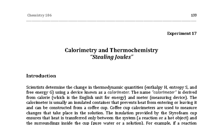 Chemistry 106 Experiment 17: Calorimetry & Thermochemistry Insights ...
