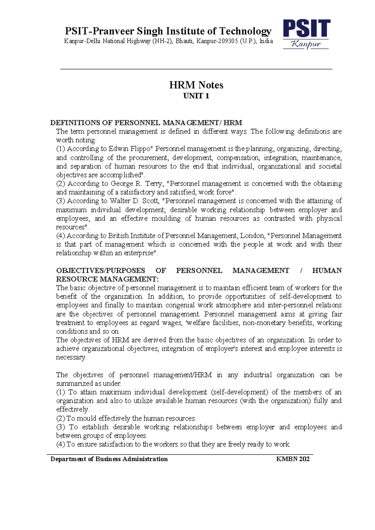 HRM Notes - Unit 1: Definitions and Objectives of Personnel Management ...