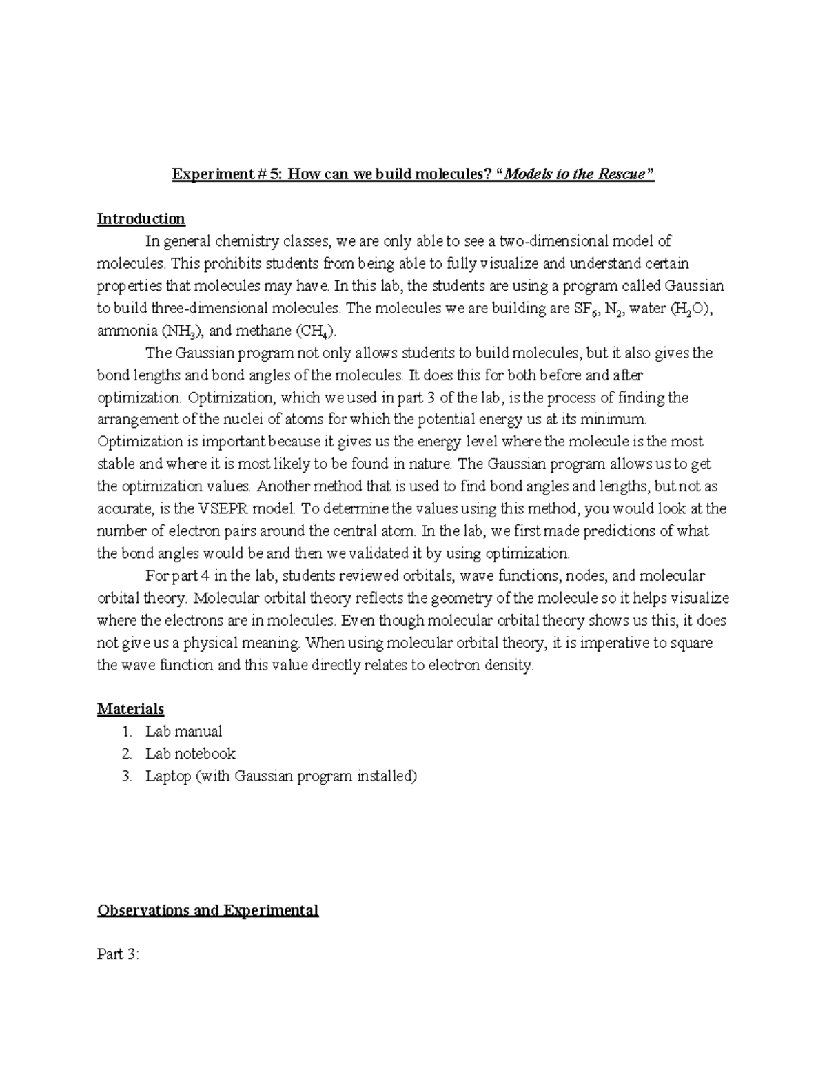 Chem 106 Lab Report 5: Understanding Molecular Structures with Gaussian ...
