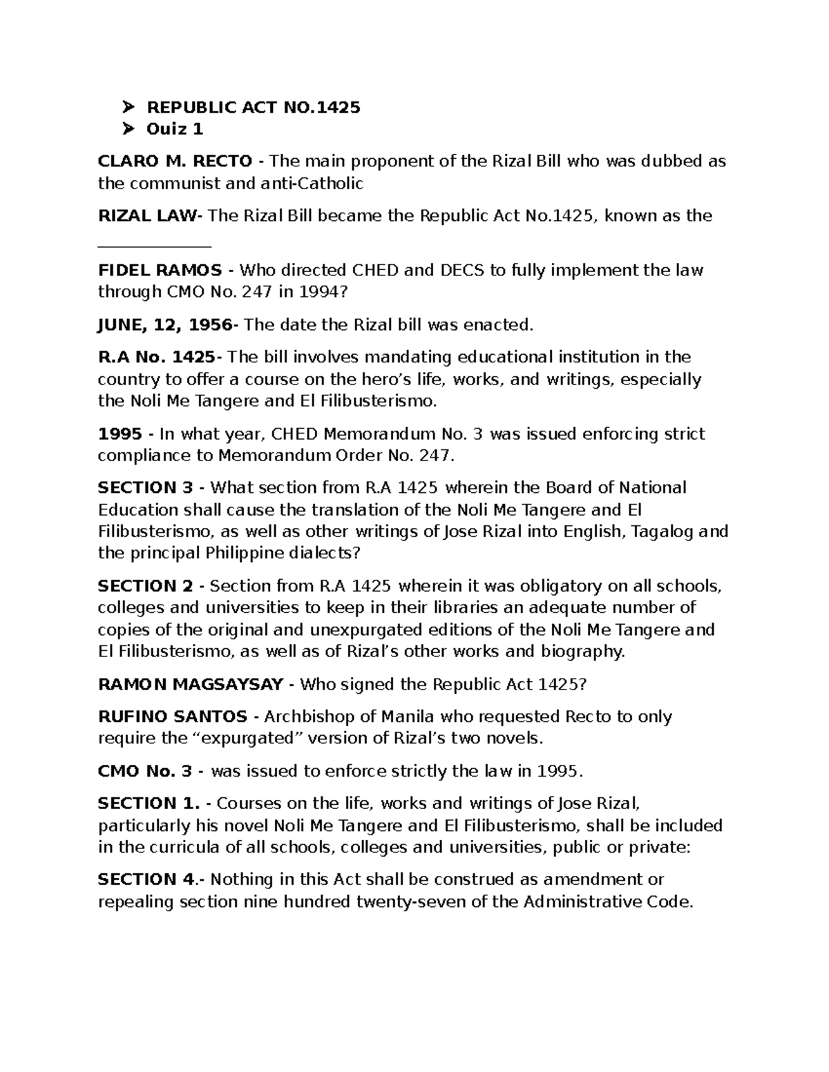 Life-Rizal-reviewer - N/a - REPUBLIC ACT NO. Ouiz 1 CLARO M. RECTO ...