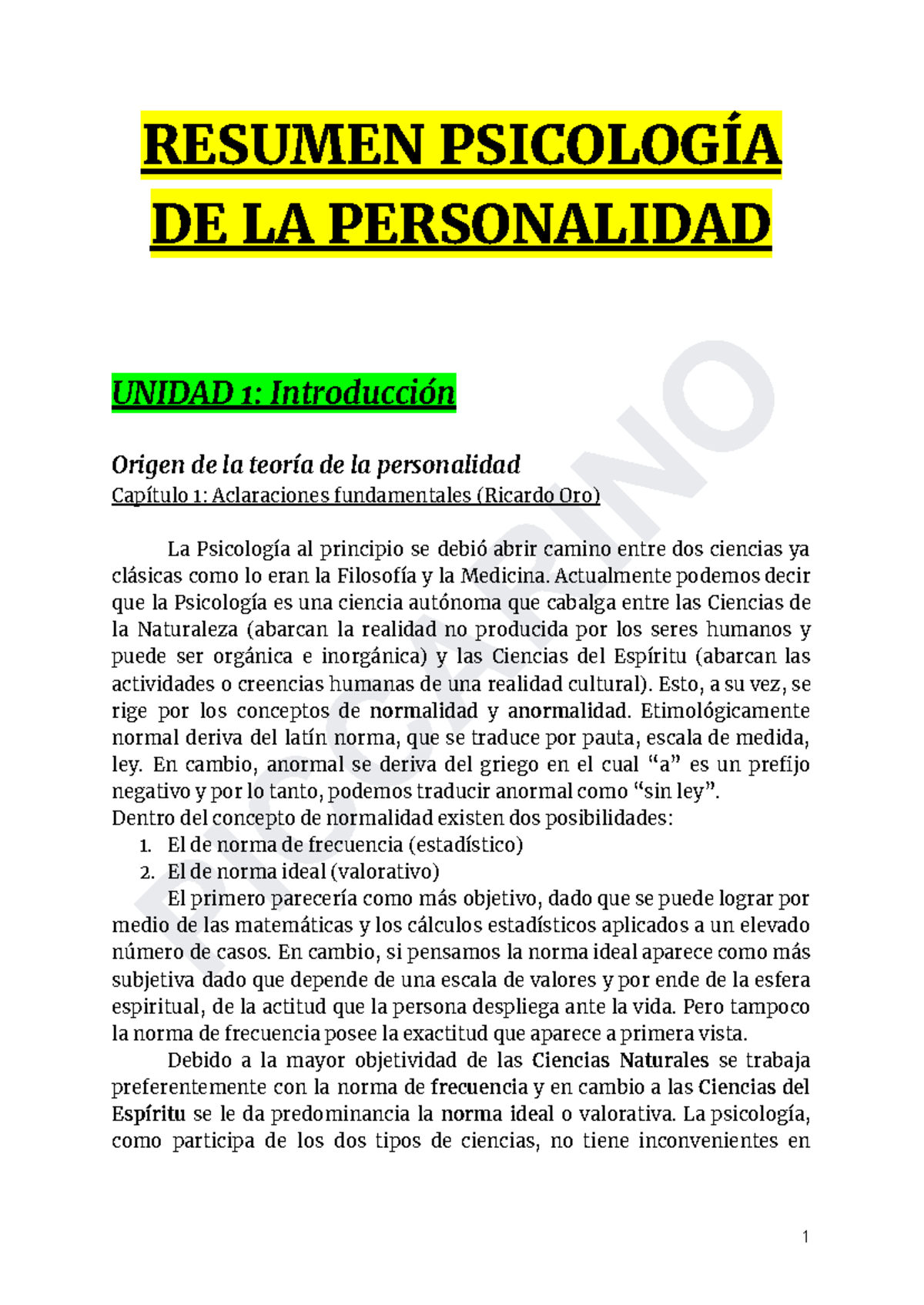 Resumen de Psicología de la Personalidad - PI C C A R IN O - Unidad 1 ...