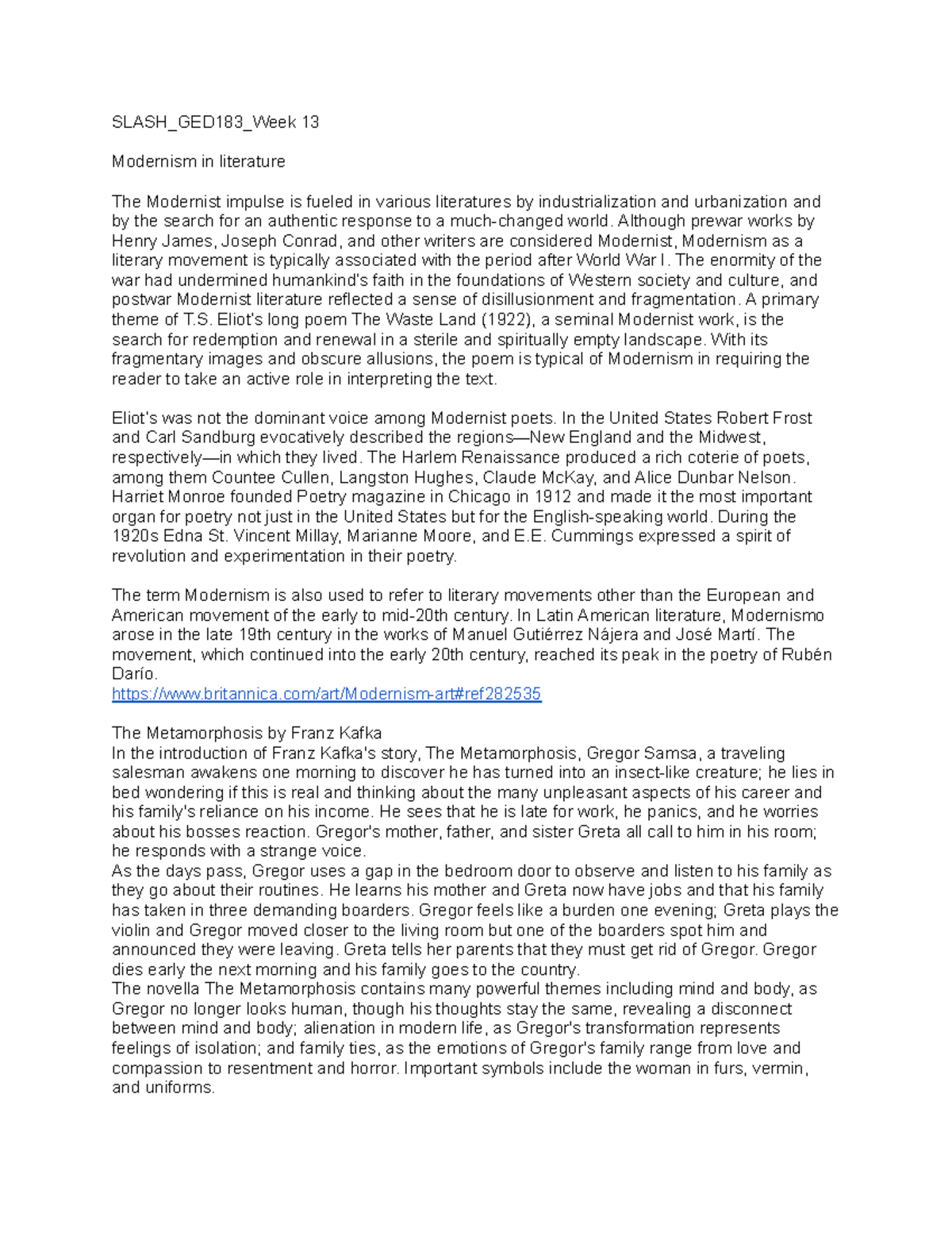 Modernism in Literature: Insights for GED183 Week 13 Study - Studocu