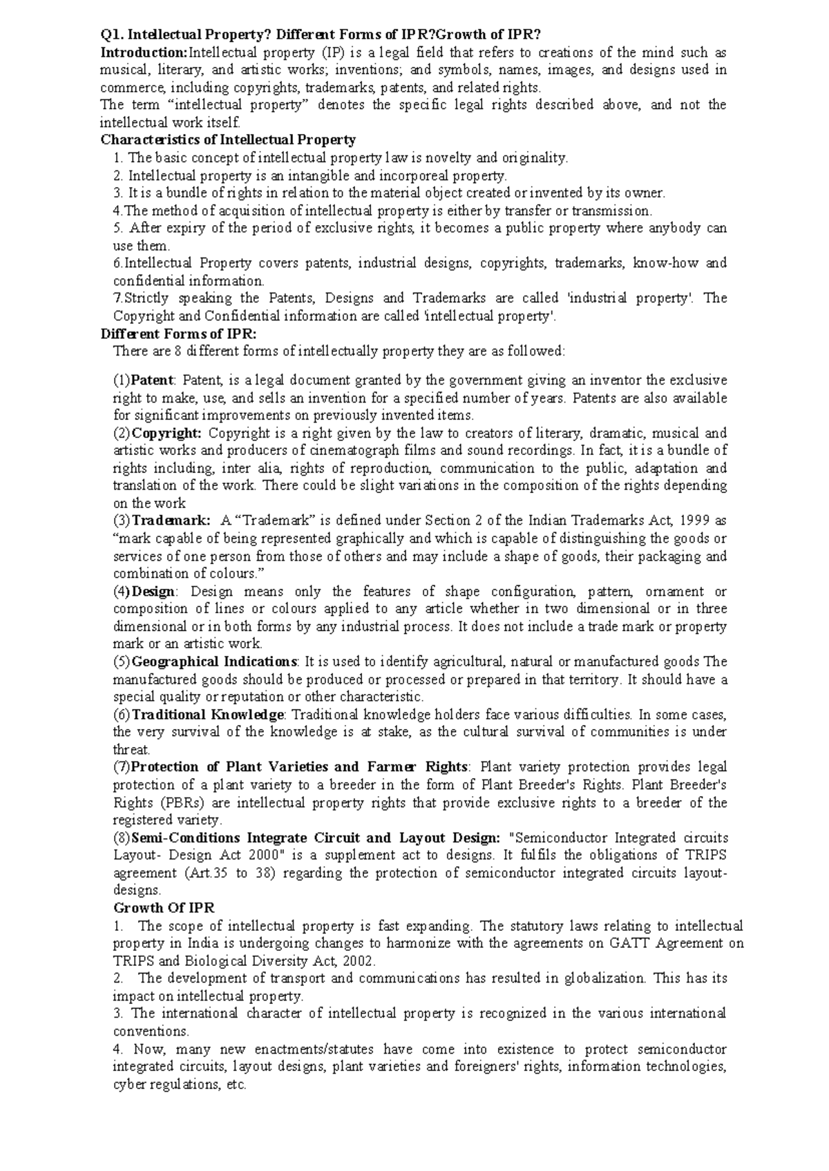 IPR 1 - Notes - Q1. Intellectual Property? Different Forms of IPR ...