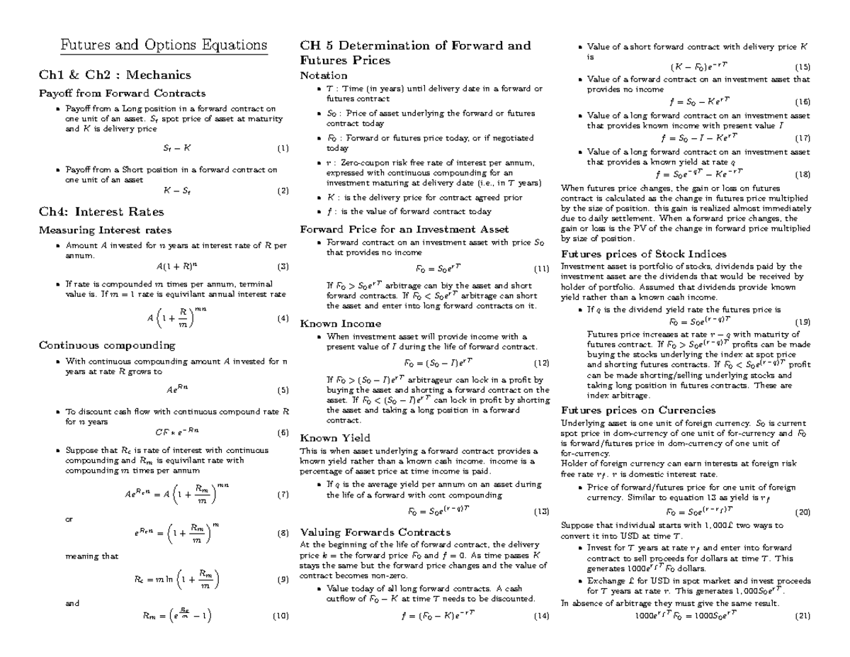 Futures & Options Summary Cheat Sheet (Ch 1-11 Review) - Studocu