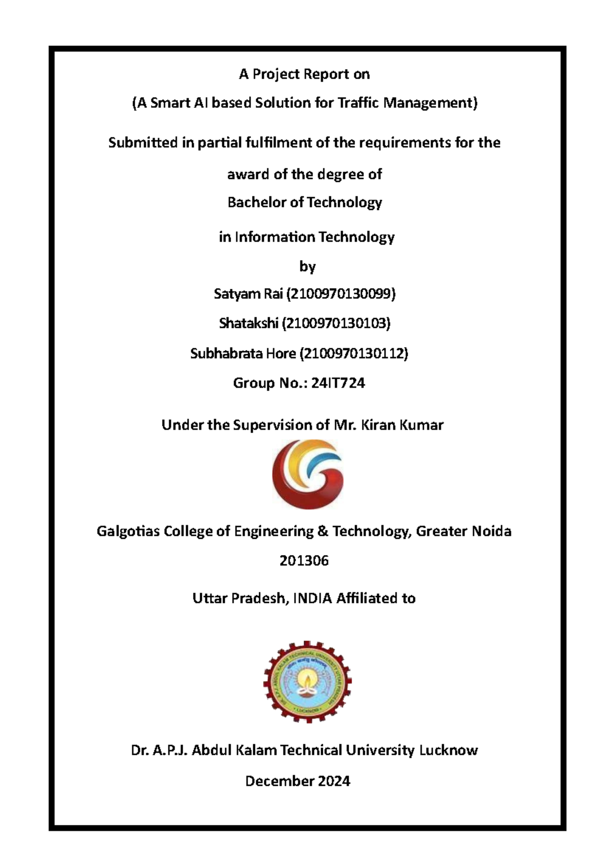 Smart AI-Based Traffic Management System: B.Tech Project Report (IT ...