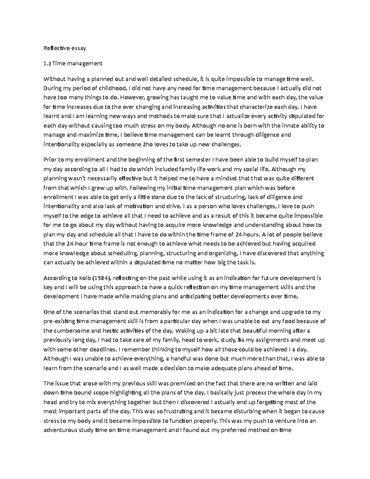 Time management reflection - Reflective essay 1.) Time management ...