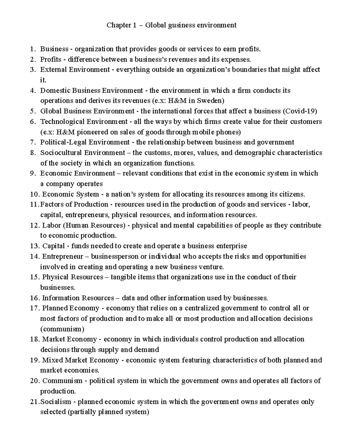 Chapter 1: Global Business Environment Overview and Key Concepts - Studocu