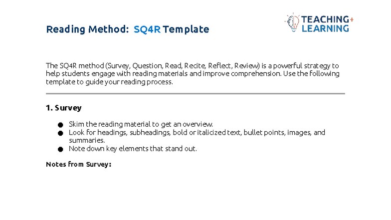 SQ4R Reading Method Template for Effective Comprehension - Studocu