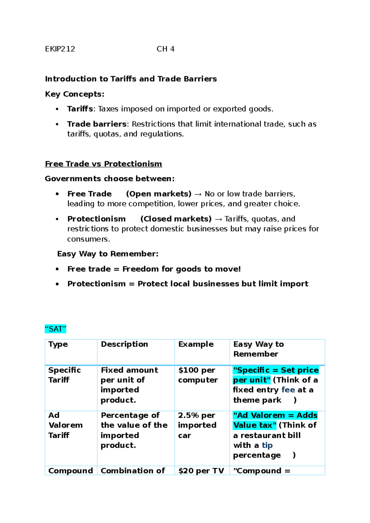 EKIP212 CH 4 Summary: Tariffs, Trade Barriers, and Economic Impact ...