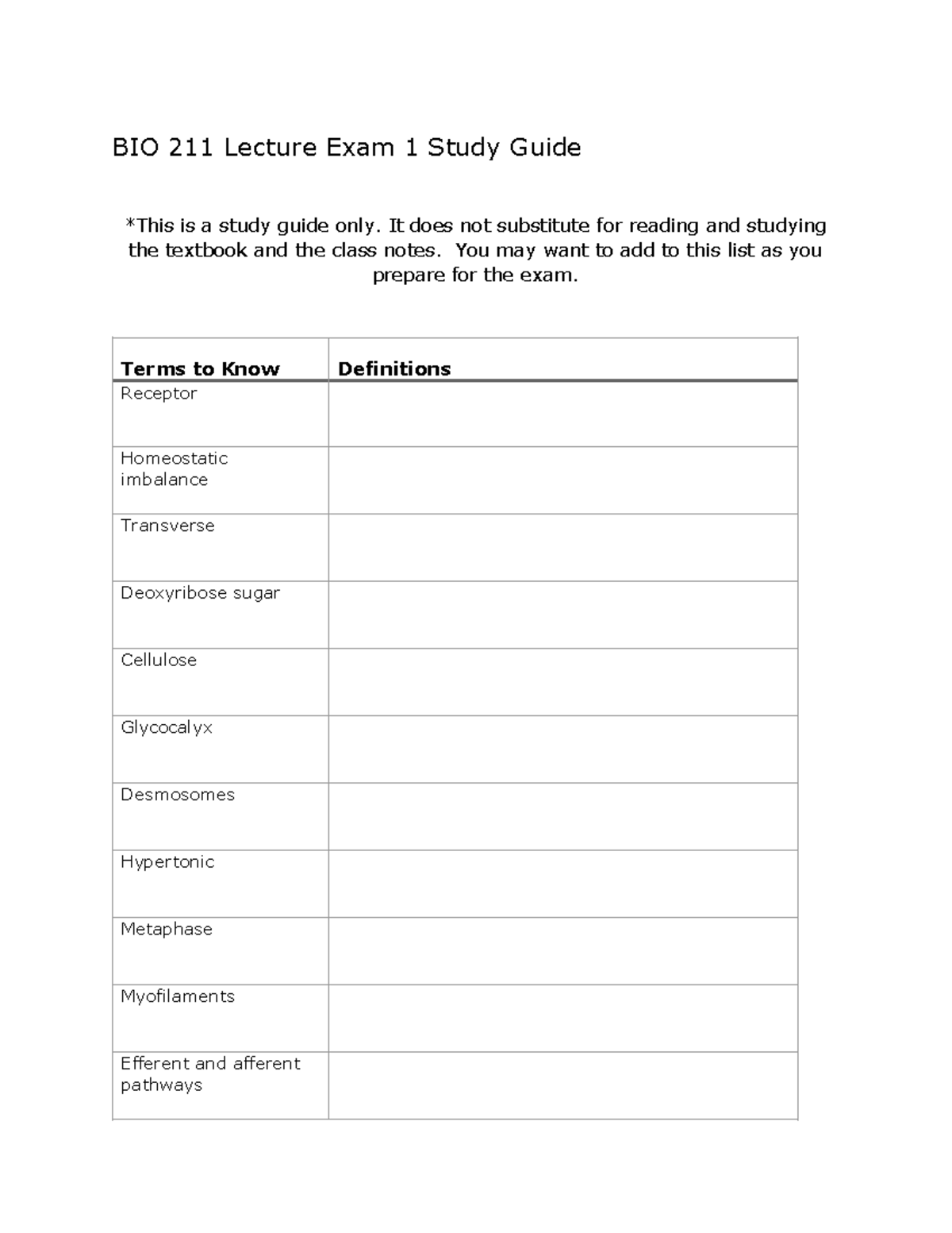 BIO 211 Lecture Exam 1 Study Guide: Key Terms & Concepts - Studocu